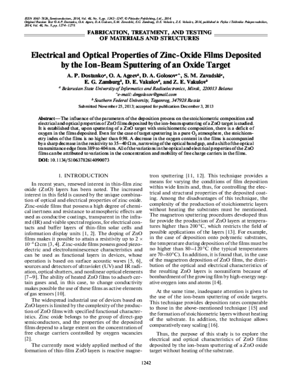 (PDF) Electrical and Optical Properties of Zinc Oxide Thin Films by Sol-Gel DipCoating Technique