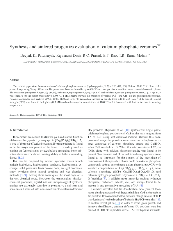 (PDF) Synthesis and sintered properties evaluation of calcium phosphate ceramics