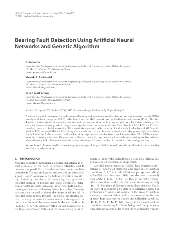 Pdf Bearing Fault Detection Using Artificial Neural Networks And Genetic Algorithm Biswanath