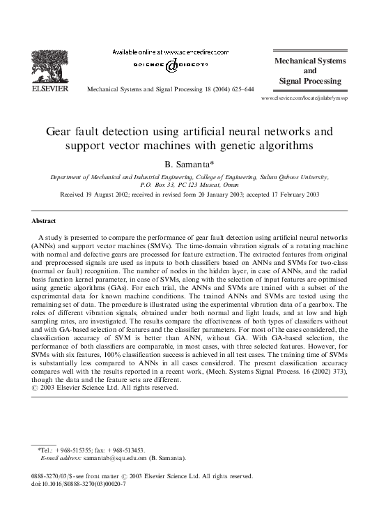 Pdf Gear Fault Detection Using Artificial Neural Networks And Support Vector Machines With 