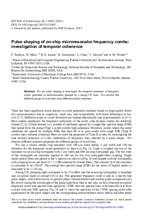 (PDF) Pulse shaping of on-chip microresonator frequency combs: investigation of temporal coherence