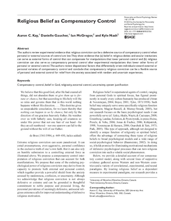 (PDF) Religious Belief as Compensatory Control