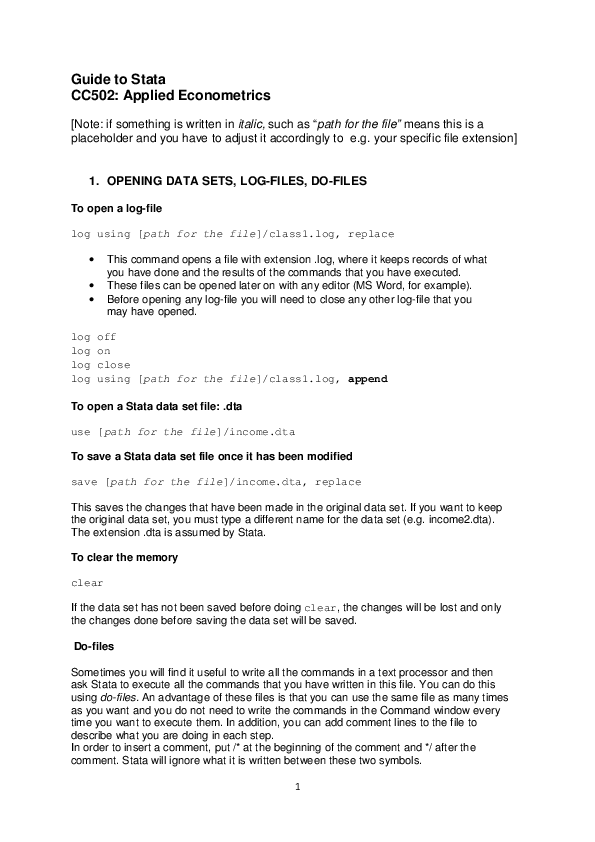 (PDF) Guide to Stata CC502: Applied Econometrics