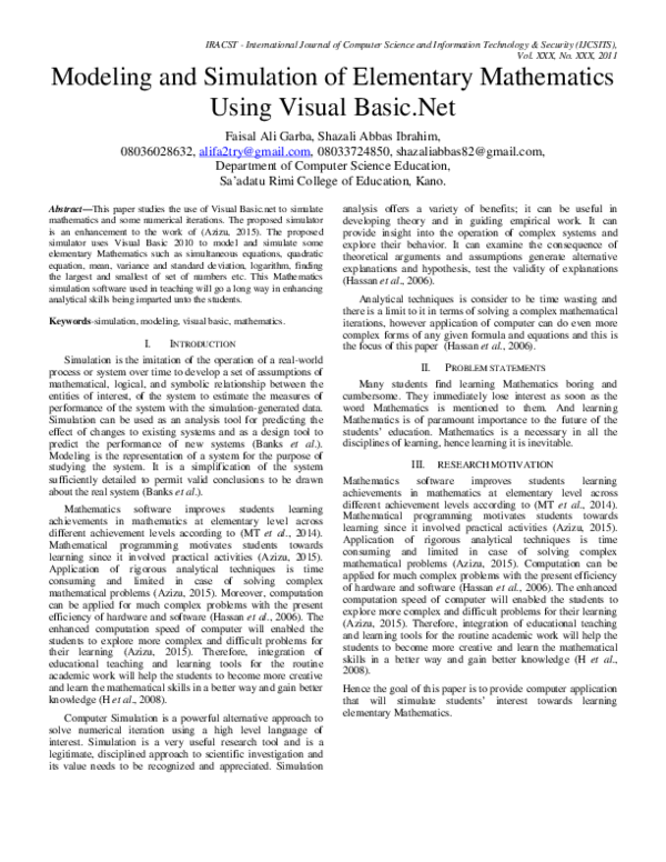 (PDF) MODELING AND SIMULATION OF ELEMENTARY MATHEMATICS USING VISUAL ... (PDF) MODELING AND SIMULATION OF ELEMENTARY MATHEMATICS USING VISUAL ...