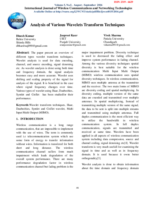 (PDF) Analysis of Various Wavelets Transform Techniques