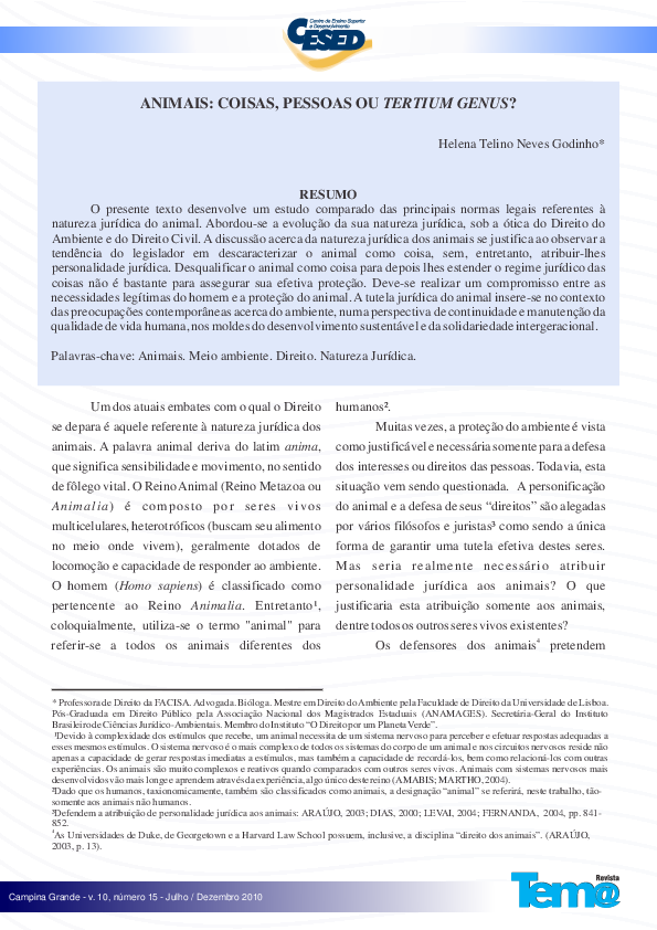 (PDF) ANIMAIS: COISAS, PESSOAS OU TERTIUM GENUS?