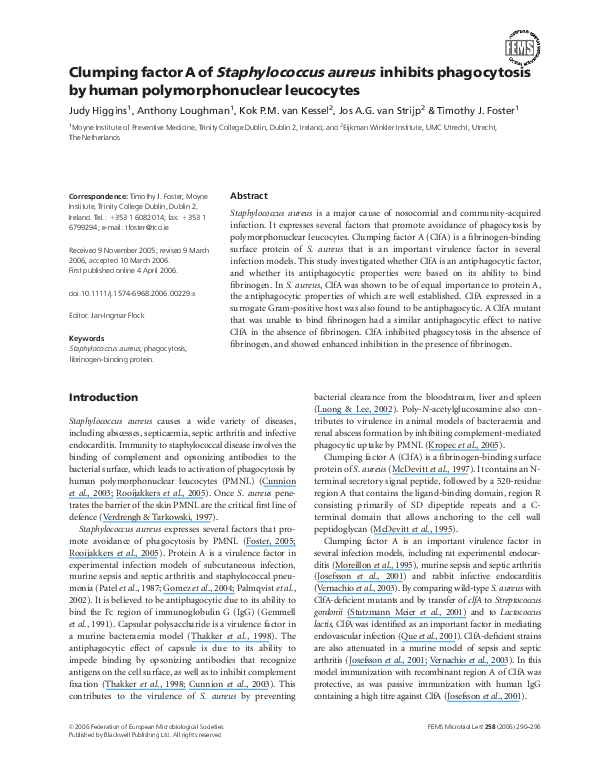 (PDF) Clumping Factor A of Staphylococcus aureus Inhibits Phagocytosis
