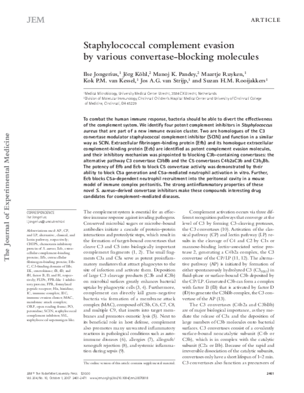 (PDF) Staphylococcal complement evasion by various convertase-blocking molecules