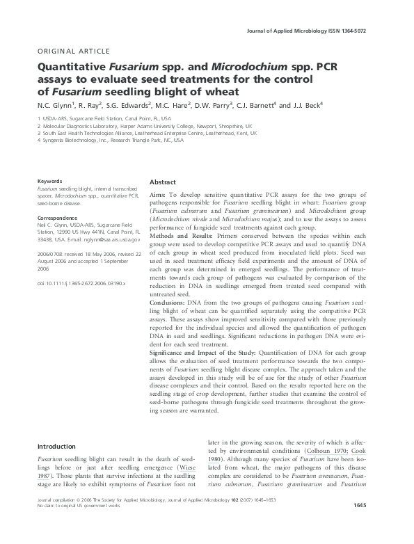 (PDF) Quantitative Fusarium spp. and Microdochium spp. PCR assays to ...