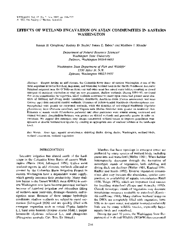 (PDF) Effects of wetland excavation on avian communities in eastern ...