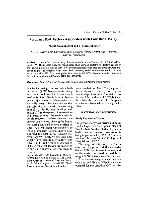 (PDF) Maternal risk factors associated with low birth weight
