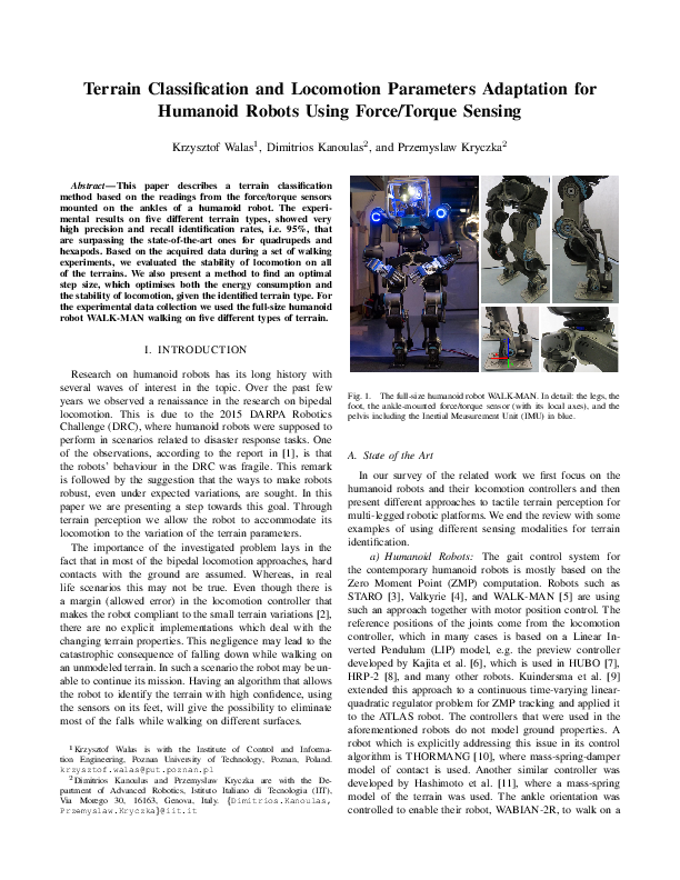 Terrain Classification And Locomotion Parameters Adaptation For Humanoid Robots Using Force