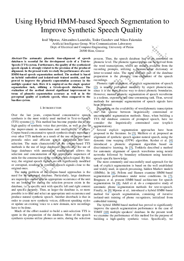 Pdf Using Hybrid Hmm Based Speech Segmentation To Improve Synthetic Speech Quality
