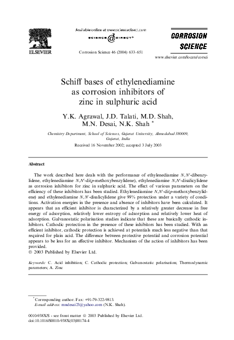 (PDF) Schiff bases of ethylenediamine as corrosion inhibitors of zinc in sulphuric acid
