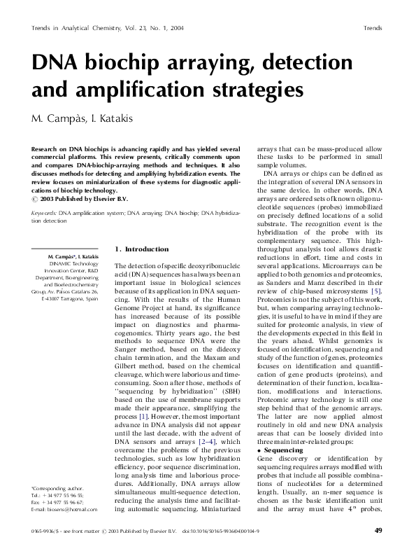 (PDF) DNA biochip arraying, detection and amplification strategies