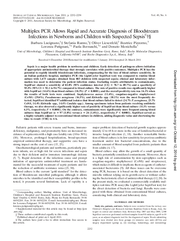 (PDF) Multiplex PCR Allows Rapid and Accurate Diagnosis of Bloodstream ...