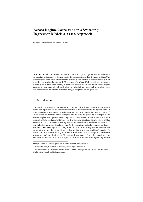 (PDF) Across-Regime Correlation in a Switching Regression Model: A FIML Approach