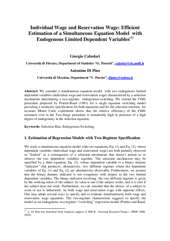 (PDF) Individual wage and reservation wage: efficient estimation of a simultaneous equation ...