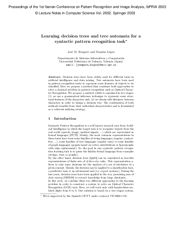 Pdf Learning Decision Trees And Tree Automata For A~syntactic Pattern Recognition Task