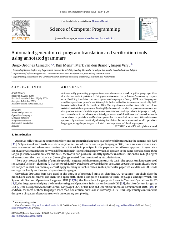 (PDF) Automated generation of program translation and verification tools using annotated grammars