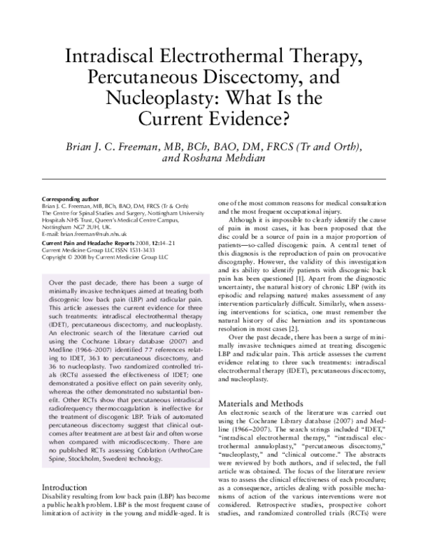 (PDF) Intradiscal electrothermal therapy, percutaneous discectomy, and ...
