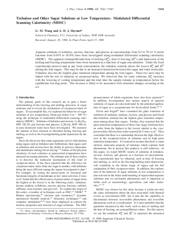 (PDF) Trehalose and Other Sugar Solutions at Low Temperature: Modulated ...