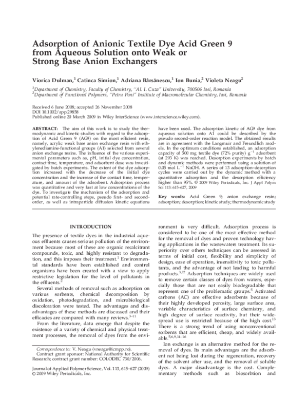 (PDF) Adsorption of anionic textile dye Acid Green 9 from aqueous solution onto weak or strong ...