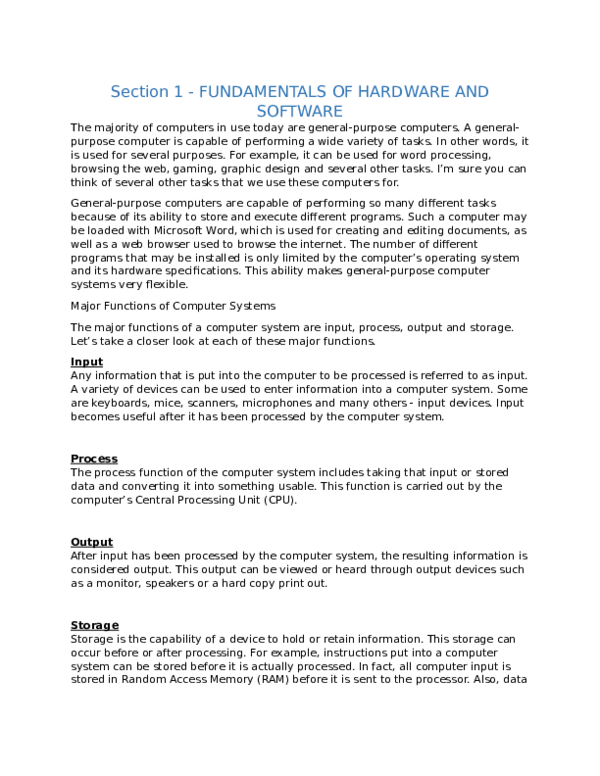 Doc Section 1 Fundamentals Of Hardware And Software 