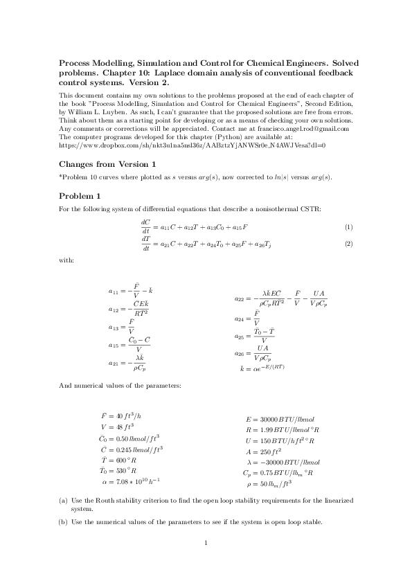 Process Modelling, Simulation and Control for Chemical Engineers. Solved problems. Chapter 10 ...