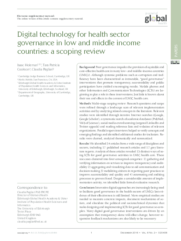 (PDF) Digital Technology for Health Sector Governance in Low and Middle ...
