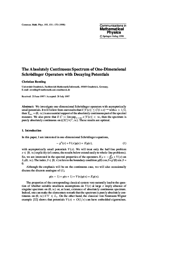 (PDF) The Absolutely Continuous Spectrum of One-Dimensional Schrödinger Operators with Decaying ...