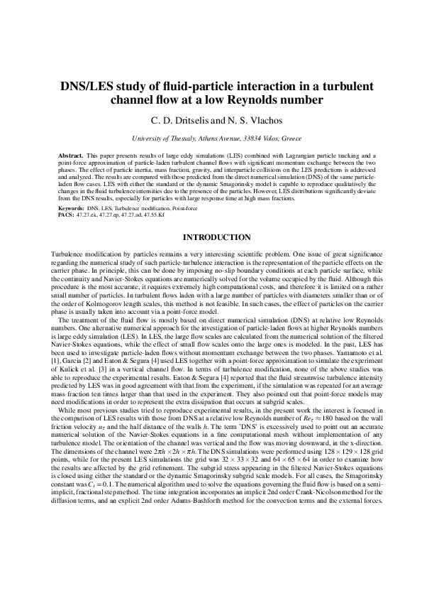 (PDF) DNS∕LES Study of Fluid-Particle Interaction in a Turbulent Channel Flow at a Low Reynolds ...