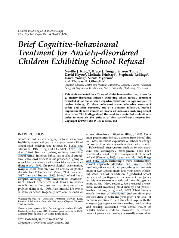 (PDF) Brief cognitive‐behavioural treatment for anxiety‐disordered ...