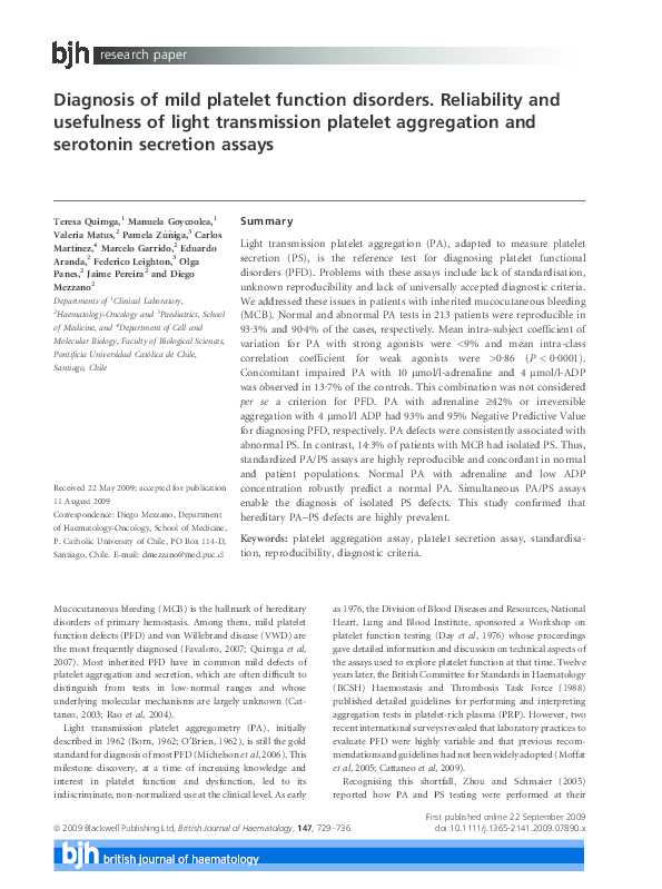 (PDF) Diagnosis of mild platelet function disorders. Reliability and ...