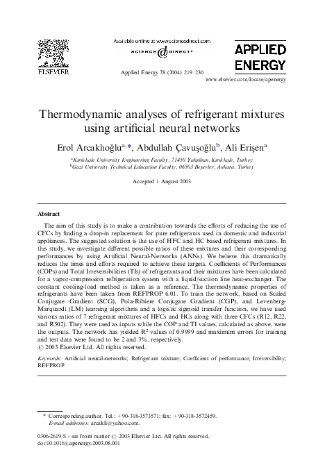 (PDF) Thermodynamic analyses of refrigerant mixtures using artificial neural networks