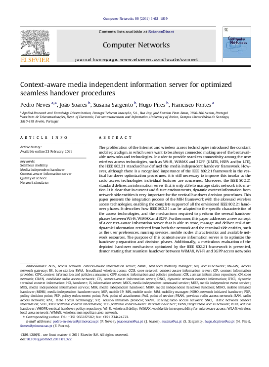 (PDF) Context-aware media independent information server for optimized seamless handover procedures