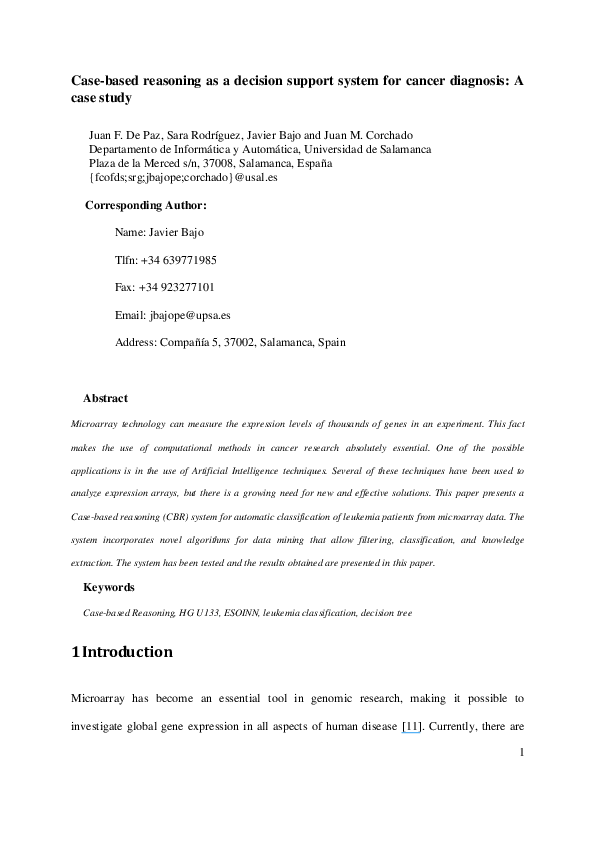 (PDF) Case-based reasoning as a decision support system for cancer diagnosis: A case study ...