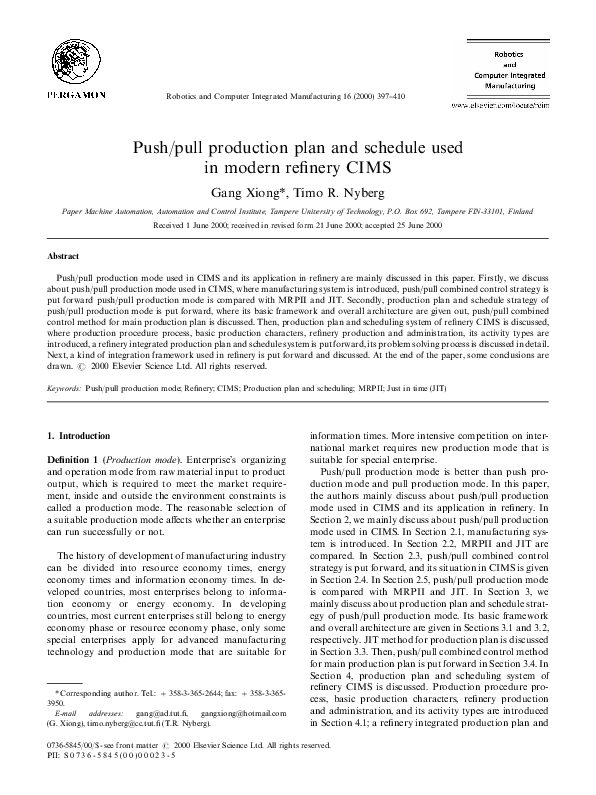 (PDF) Push/pull production plan and schedule used in modern refinery CIMS