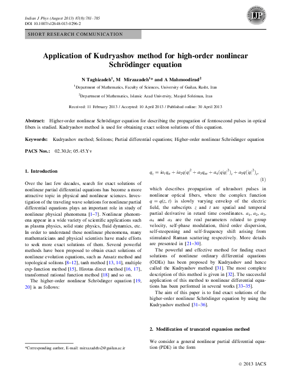 Pdf Application Of Kudryashov Method For High Order Nonlinear Schrödinger Equation