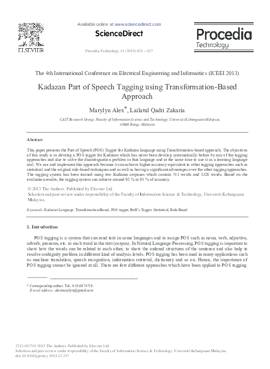 (PDF) Kadazan Part of Speech Tagging Using Transformation-based Approach