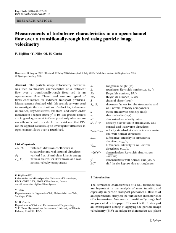 (PDF) Measurements of turbulence characteristics in an open-channel flow over a transitionally ...