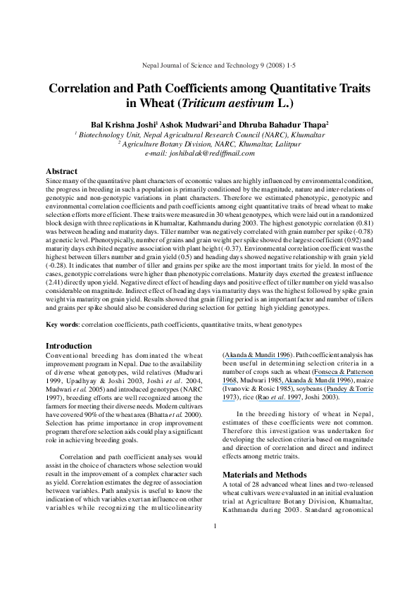 (PDF) Correlation and Path Coefficients among Quantitative Traits in Wheat ( Triticum aestivum L.)