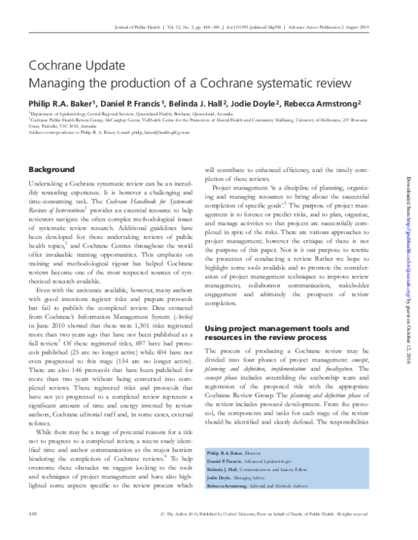 (PDF) Managing the production of a Cochrane systematic review