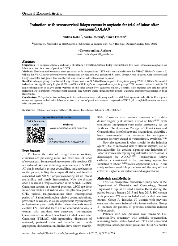 (PDF) Induction with transcervical foleys versus iv oxytocin for trial ...