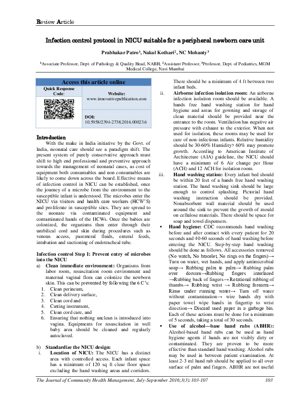 (PDF) Infection control protocol in NICU suitable for a peripheral ...