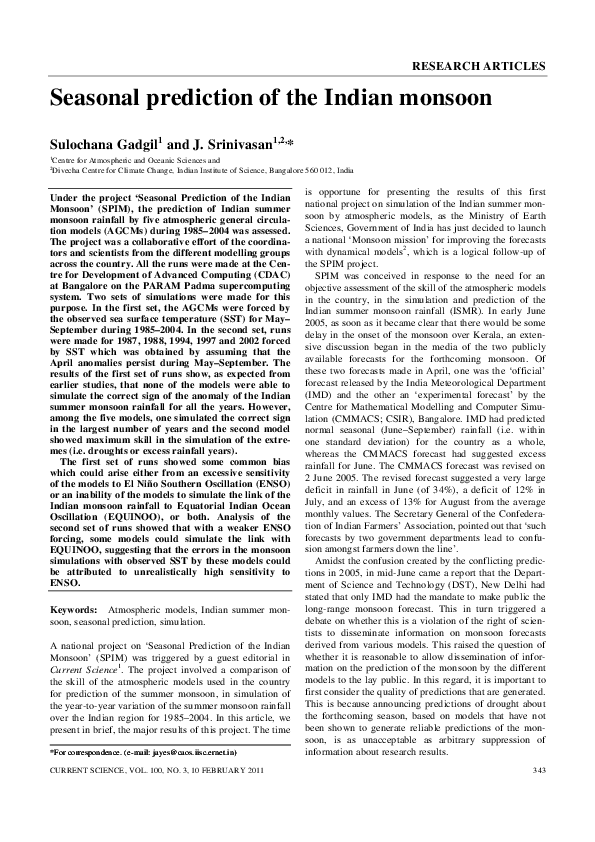 (PDF) Seasonal prediction of the Indian monsoon