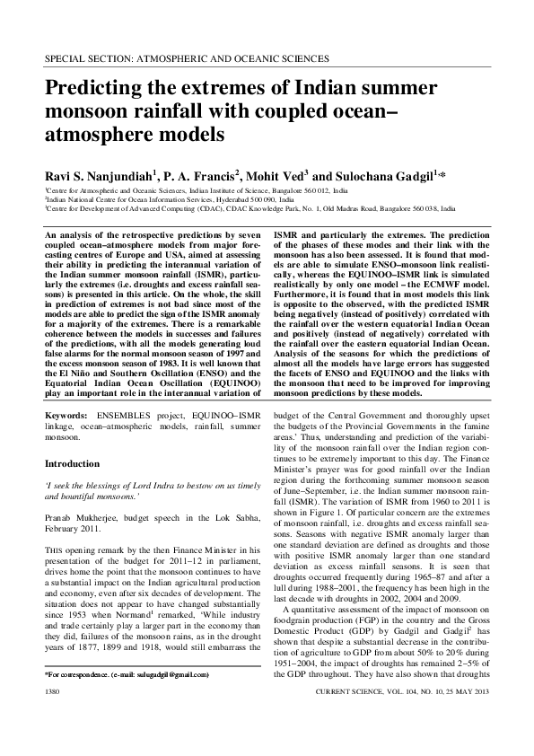(PDF) Predicting the extremes of Indian summer monsoon rainfall with ...