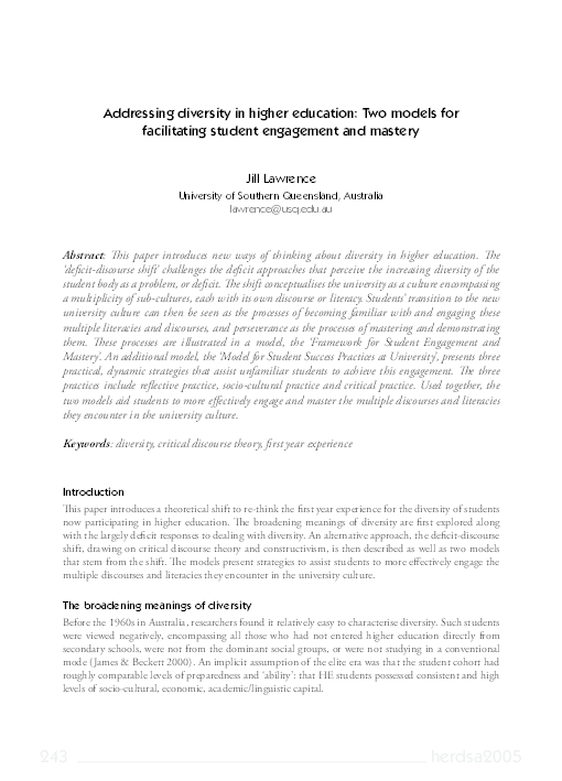(PDF) Addressing diversity in higher education: Two models for facilitating student engagement ...