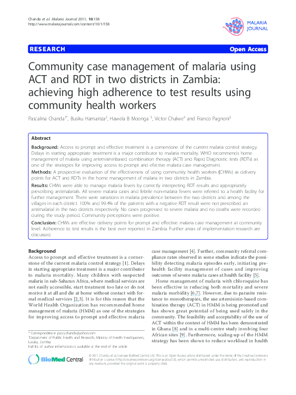 (PDF) Community case management of malaria using ACT and RDT in two ...