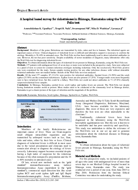 (PDF) A hospital based survey for rickettsioses in Shimoga, Karnataka ...